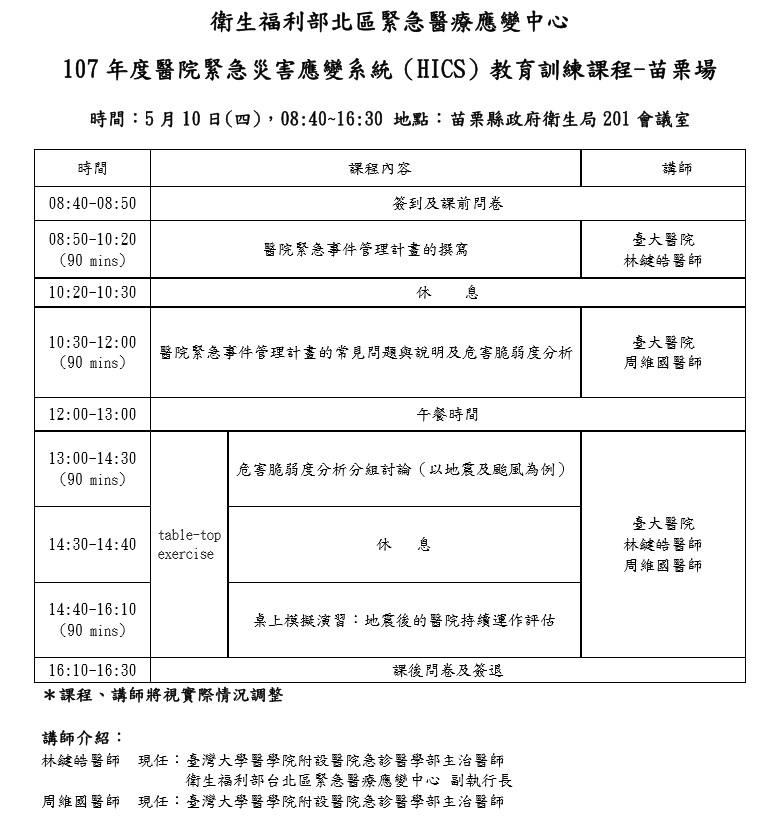 107年度醫院緊急災害應變系統（HICS）教育訓練課程-苗栗場活動日期：2018-05-10 - BeClass 線上報名系統 Online ...