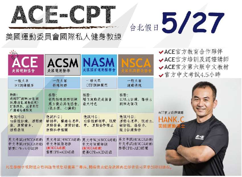 ACE-CPT國際私人教練證照課程活動日期：2023-05-27 - BeClass 線上報名系統 Online Registration Form